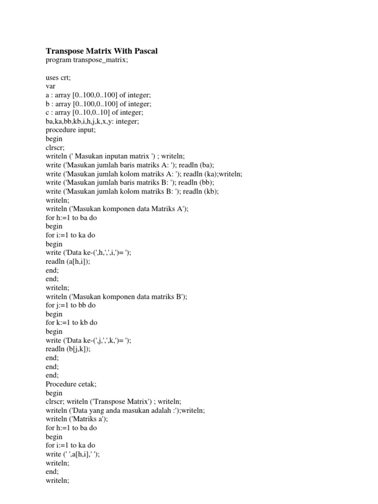 Transpose Matrix Program in Pascal | PDF