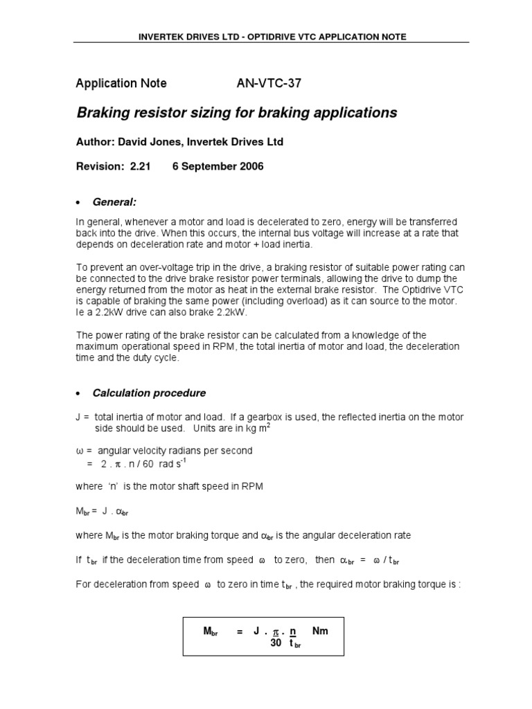 An-VTC-37 Braking Resistor Sizing v2pt21 | Download Free PDF | Resistor ...