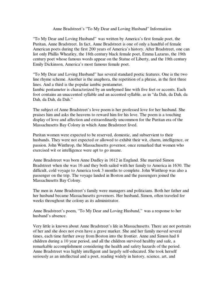 Anne Bradstreet - To My Dear and Loving Husband - Information | Poetry ...