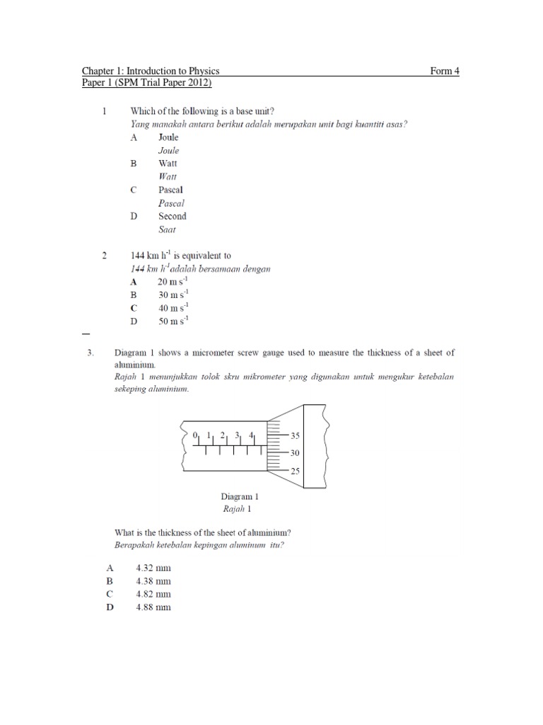 Physics Form 4 Chapter 1 Exercise | PDF
