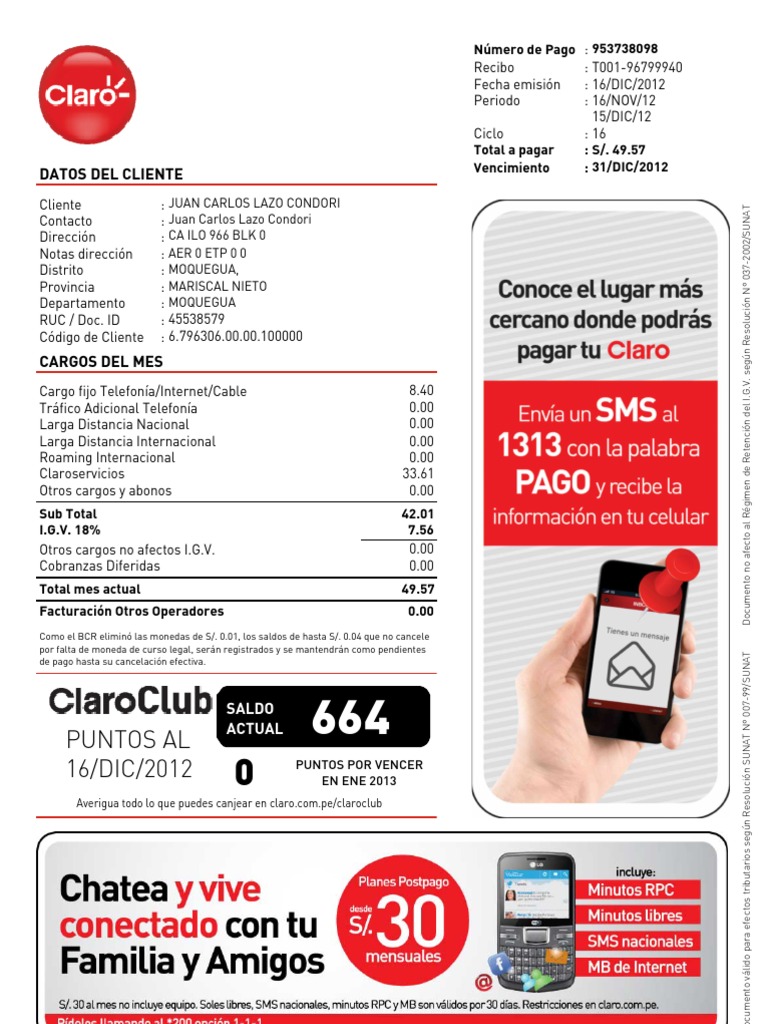 Recibo de Claro | PDF | Teléfonos móviles | Telefonía móvil