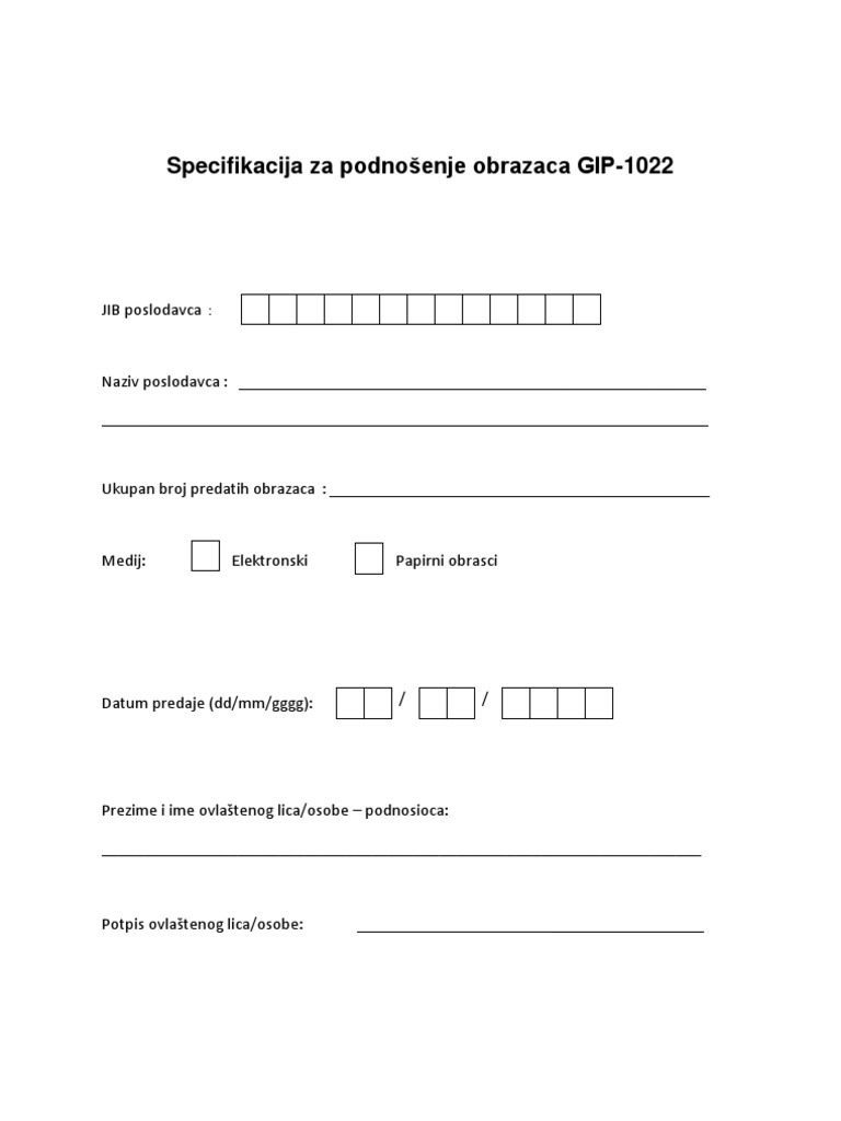 Specifikacija Za Obrazac GIP 1022 | PDF