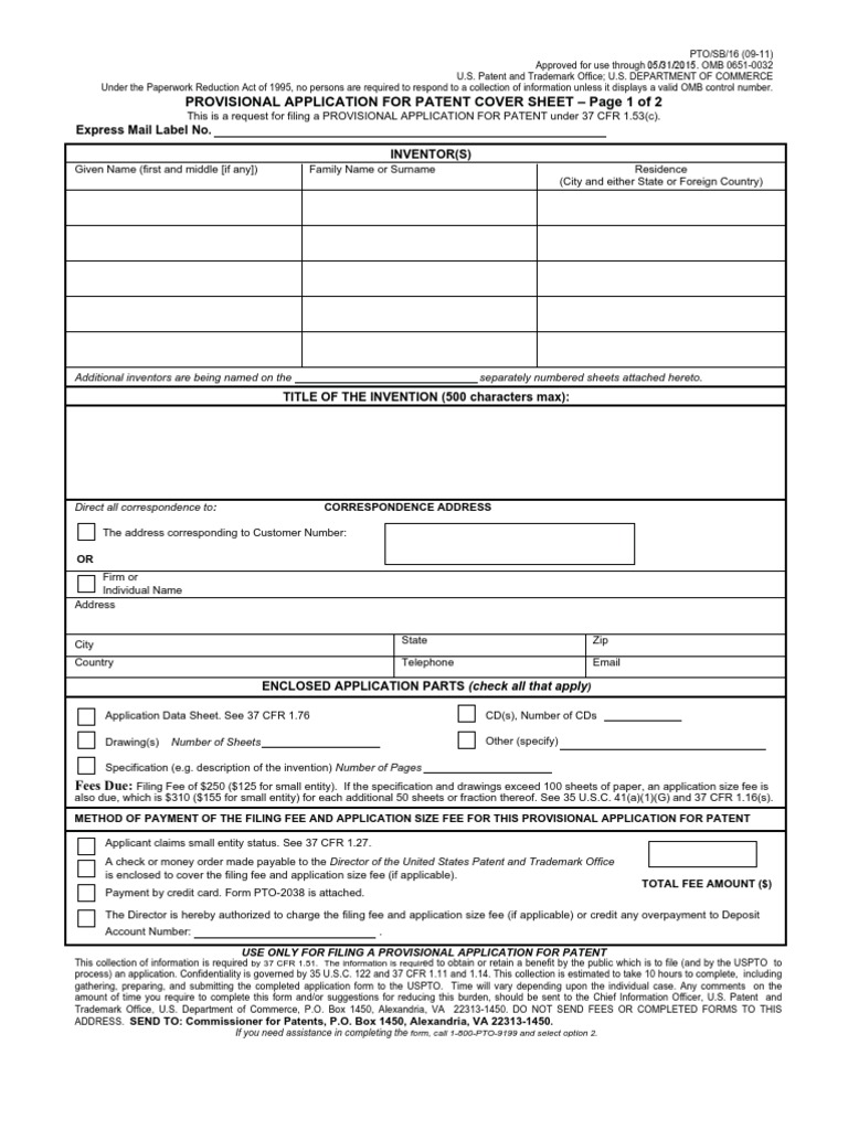 Provisional Patent Application Cover Sheet | PDF | Patent Application ...