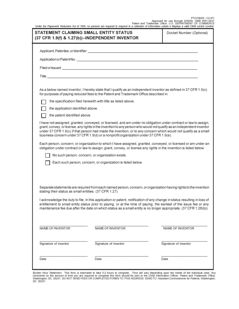 Independent Inventor Status Form | PDF | Patent | Civil Law (Common Law)