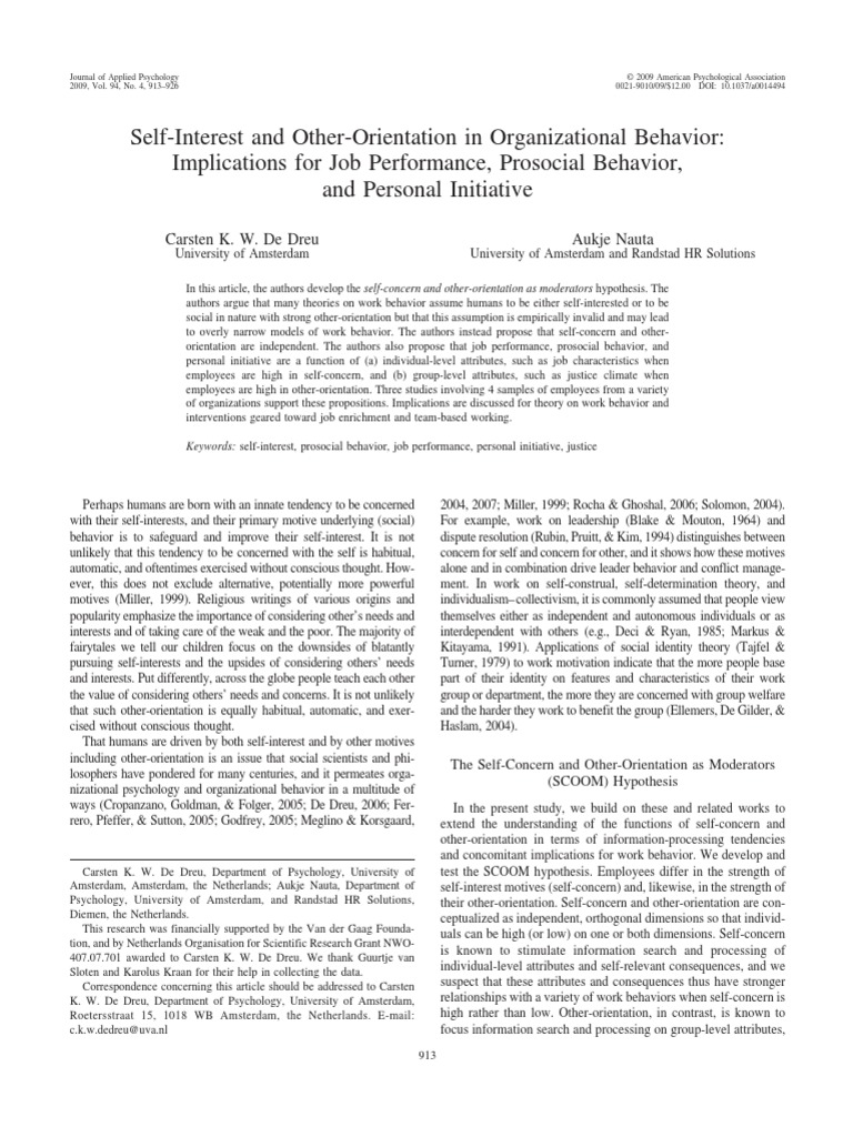 Self-Interest and Other-Orientation in Organizational Behavior ...