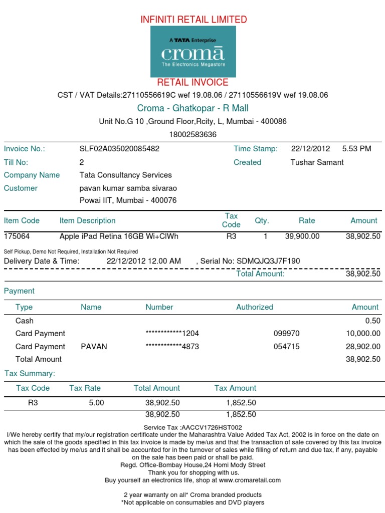 Croma - Ghatkopar - R Mall: Infiniti Retail Limited | PDF | Value Added ...