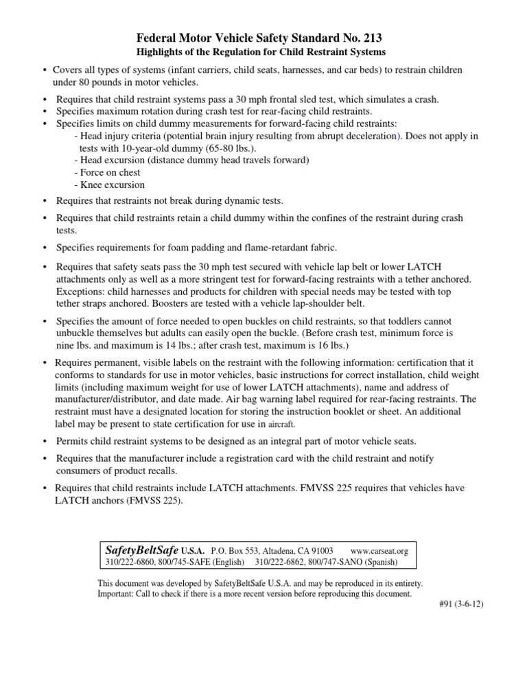 Federal Motor Vehicle Safety Standard No. 213: Highlights of The ...