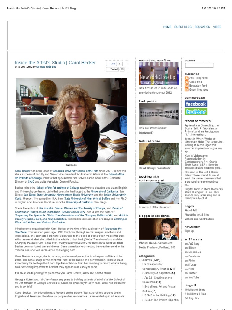 Inside The Artist's Studio - Carol Becker - Art21 Blog | PDF ...