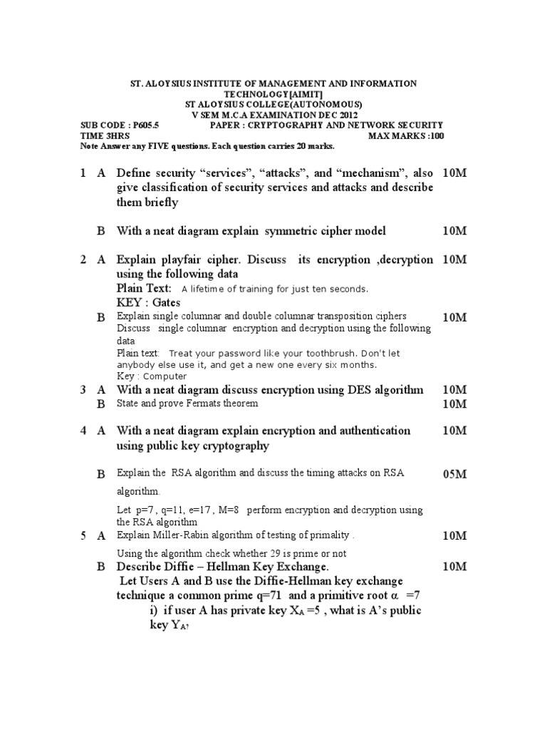 Cryptography Model Question Paper Mca 5th Sem | PDF | Cipher | Cryptography