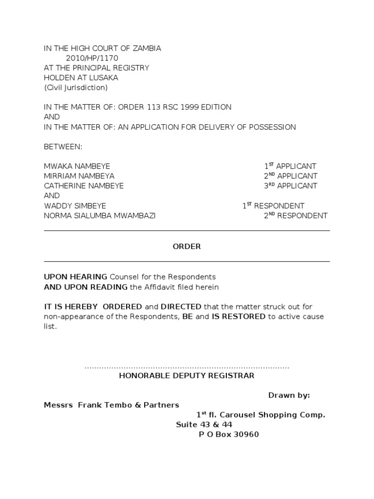 Zambian High Court Order Restoration | PDF