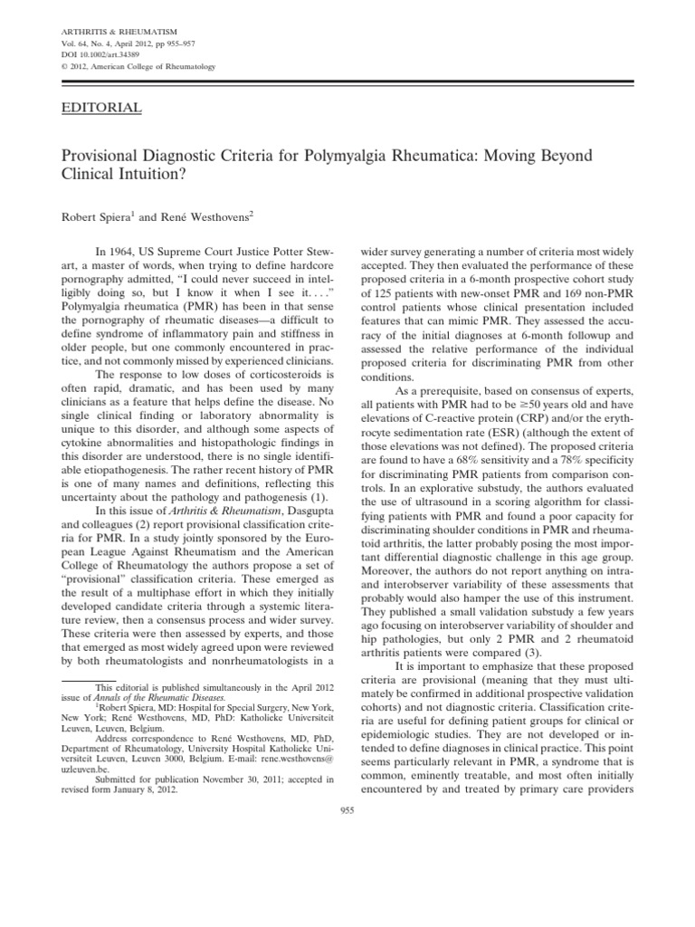 Provisional Diagnostic Criteria For Polymyalgia Rheumatica: Moving ...