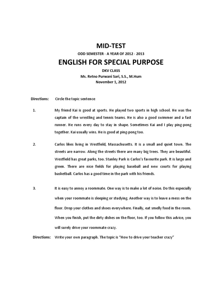 Mid-Test: English for Special Purpose | PDF | Language Arts & Discipline