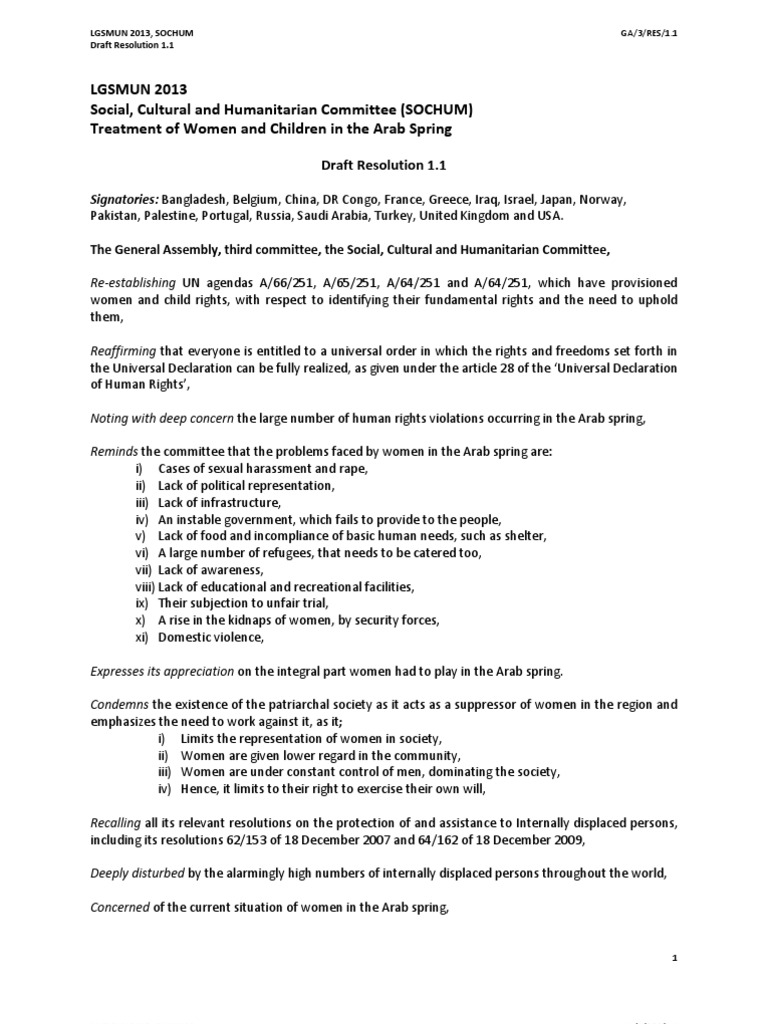 Draft Resolution 1.1 SOCHUM LGSMUN '13 | PDF | Internally Displaced ...