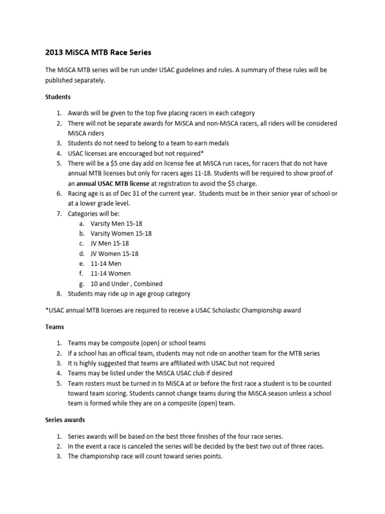 2013 MiSCA MTB Race Series Guidelines | PDF | Sports | Leisure