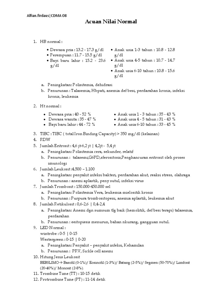 Acuan Nilai Normal PX Darah | PDF