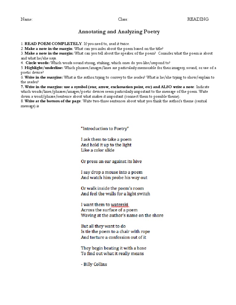 Analyzing and Annotating Poetry - Billy Collins | PDF | Foreign ...