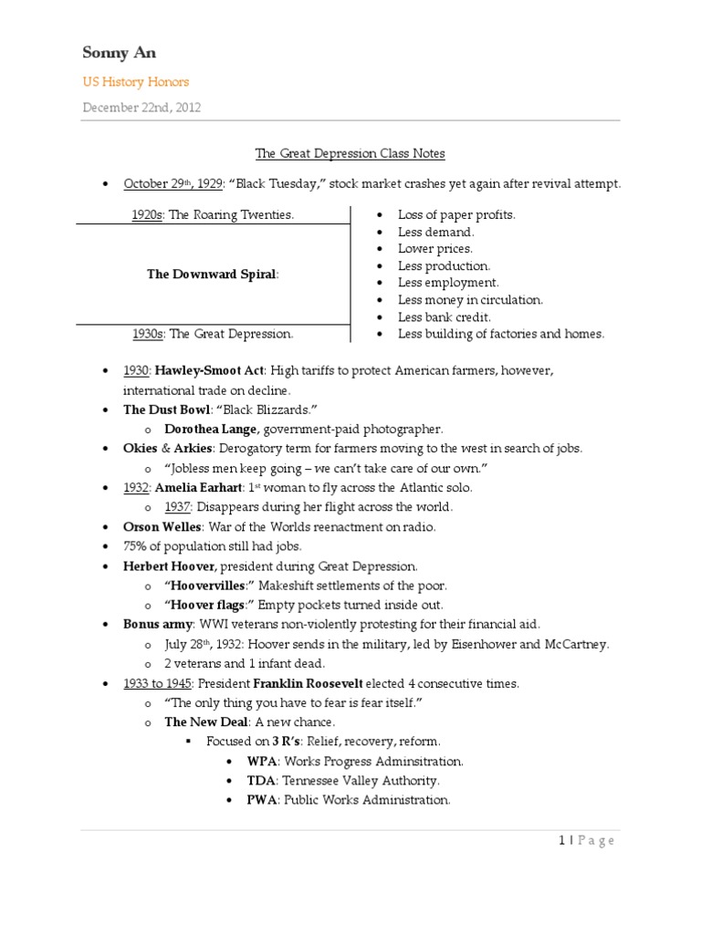 Great Depression Class Notes Summary | PDF | Great Depression ...