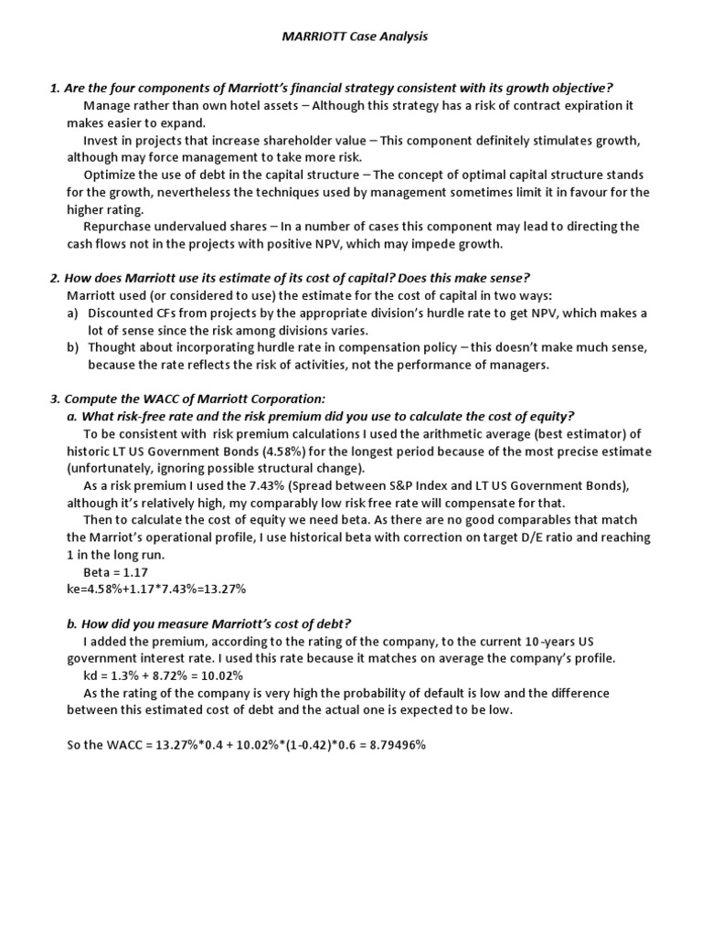 MARRIOTT Case Analysis | PDF | Cost Of Capital | Beta (Finance)
