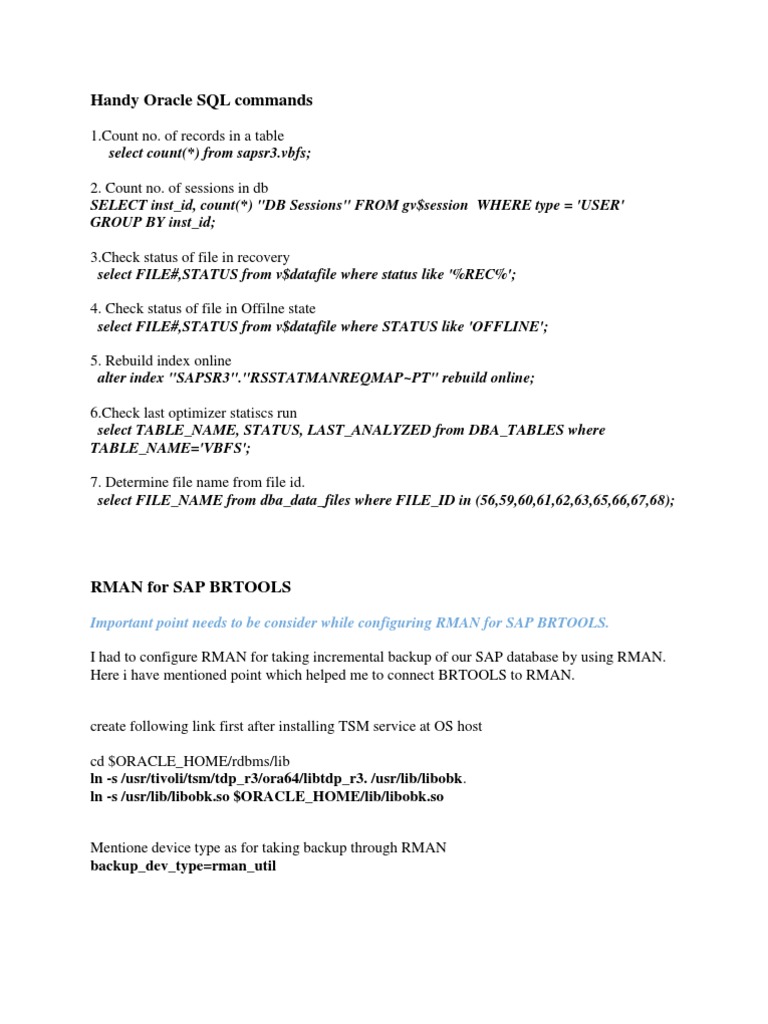 Oracle Handy Commands | PDF | Oracle Database | Backup