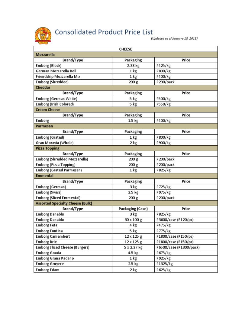 Cheese Price List January 2013 | PDF | Cheese