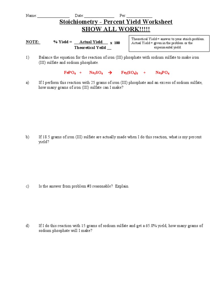 Percent Yield Worksheet | PDF | Sulfate | Chemical Reactions