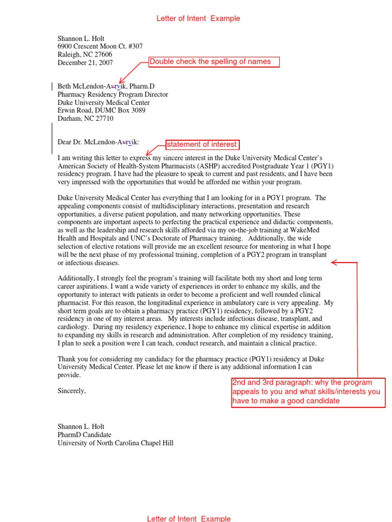 Letter of Intent | PDF | Pharmacy | Residency (Medicine)