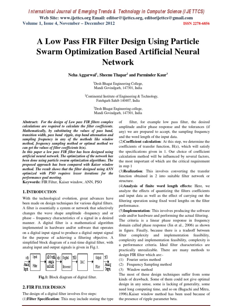 A Low Pass FIR Filter Design Using Particle Swarm Optimization Based Artificial Neural Network ...