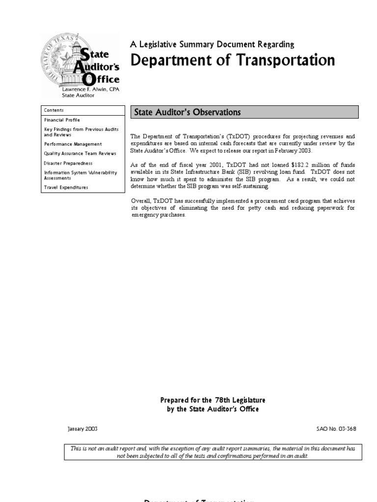 Department of Transportation: A Legislative Summary Document Regarding ...