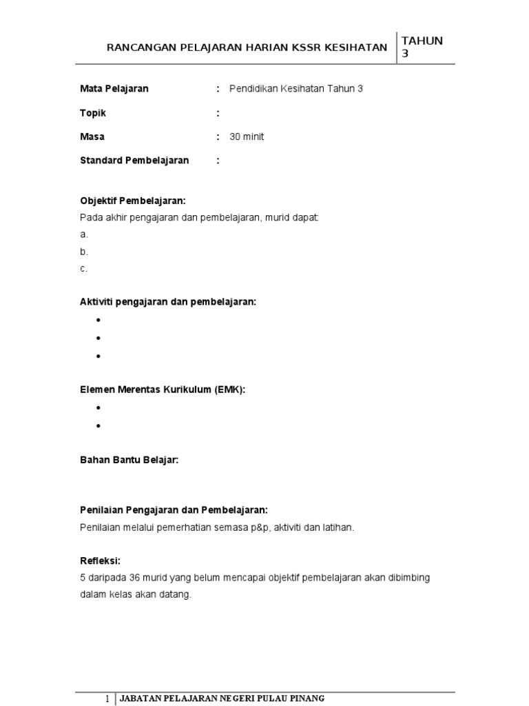 Contoh RPH PK KSSR Tahun 3 | PDF