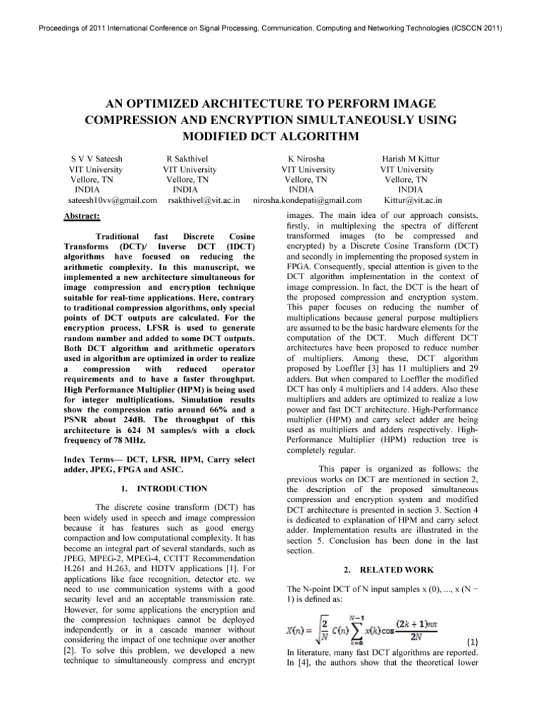 An Optimized Architecture To Perform Image Compression And Encryption Simultaneously Using