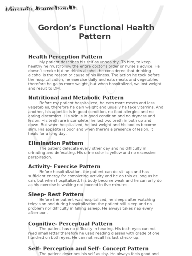 Gordon's Functional Health Pattern For DM | PDF | Patient | Self