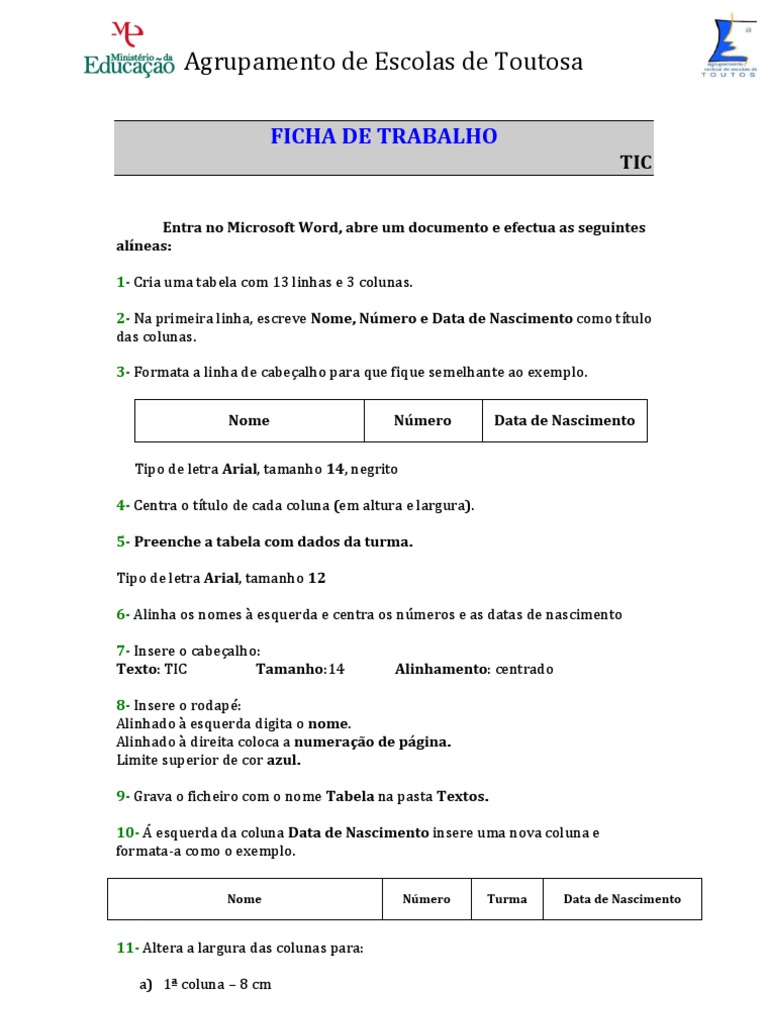Agrupamento Escolas Toutosa ficha trabalho TIC | PDF | Computação e ...