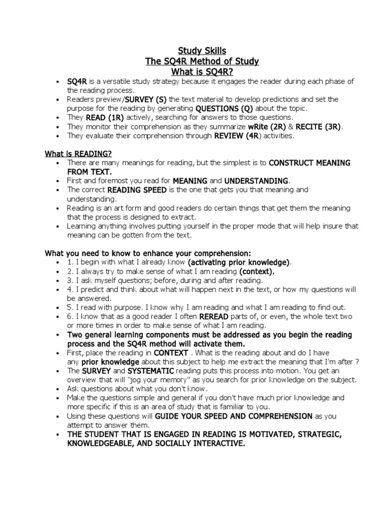 Sq4r Method | PDF | Reading Comprehension | Reading (Process)