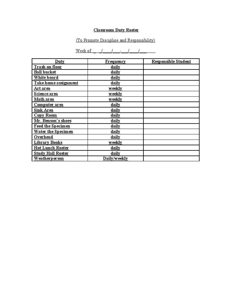 Printable Classroom Duty Roster Template - Printable Forms Free Online