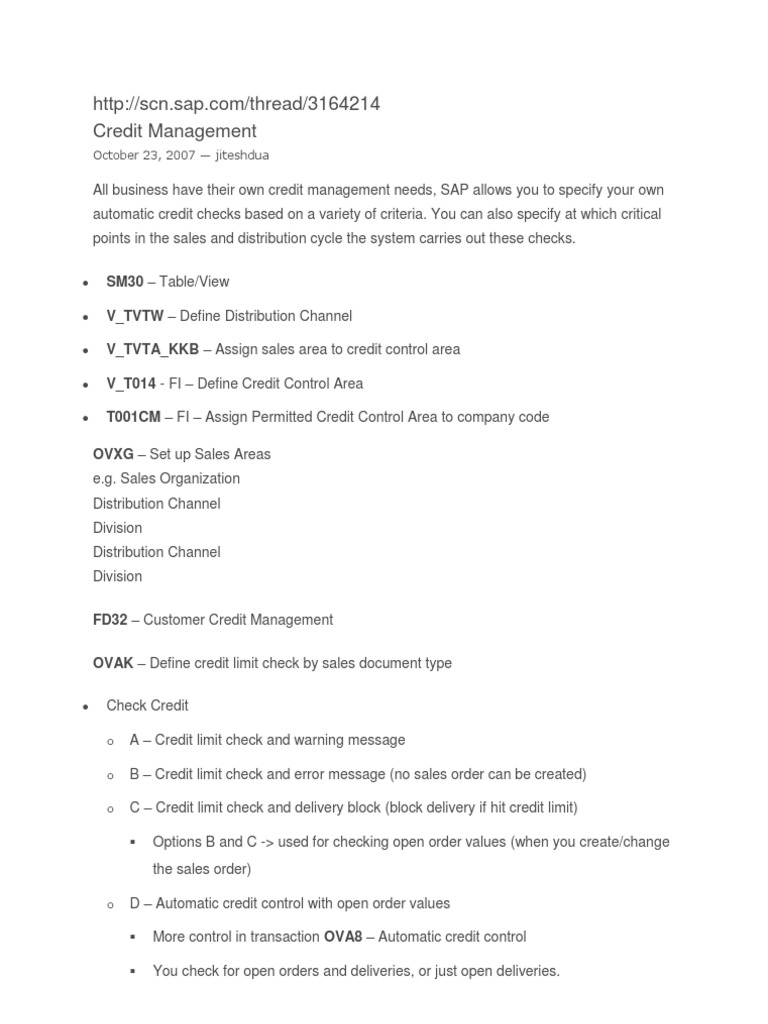 Sap SD Credit MGMT | PDF | Credit Score | Credit