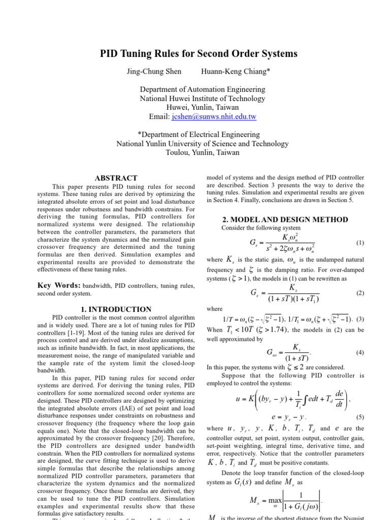 PID Tuning Rules For Second Order | PDF | Control Theory | Control ...