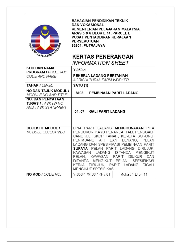 Nota Pembinaan Parit Ladang Kursus SKM Pekerja Ladang Pertanian | PDF
