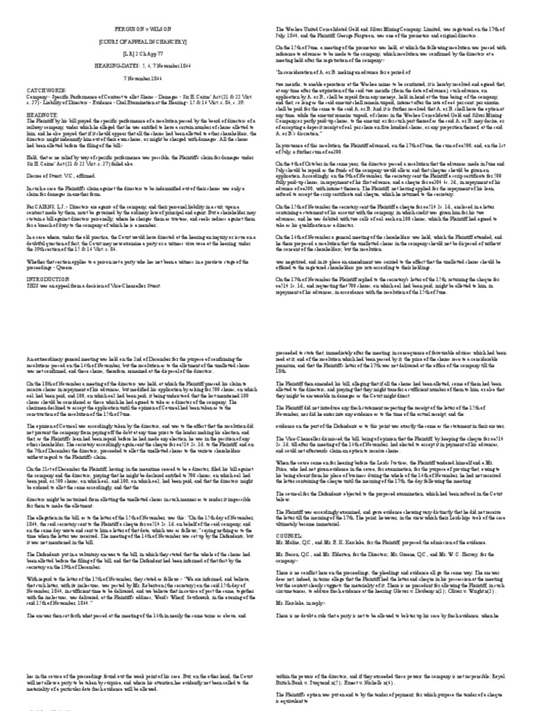 FERGUSON V WILSON | PDF | Equity (Law) | Specific Performance