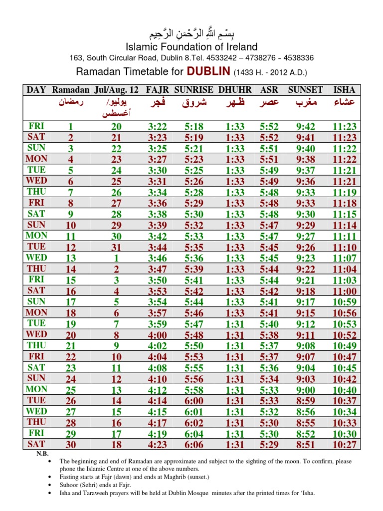 Dublin: Islamic Foundation of Ireland Ramadan Timetable For | PDF ...