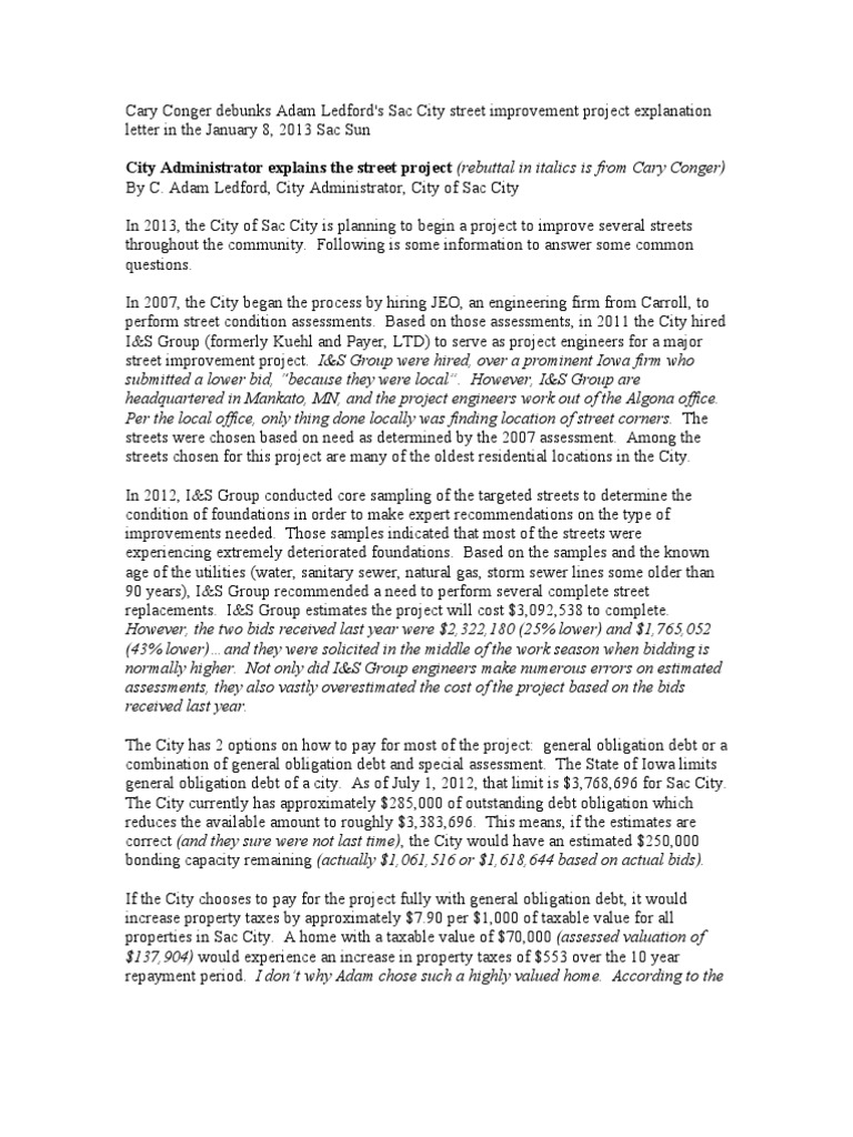 Cary Conger Debunks Adam Ledford's Sac City Street Improvement Project ...