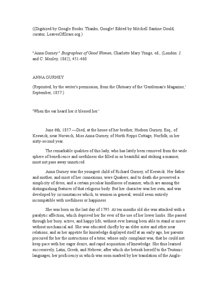 Obituary of Victorian Quaker Anna Gurney. | PDF