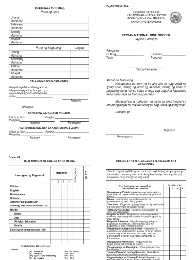 F138-A Grade VII DepEd Batangas | PDF