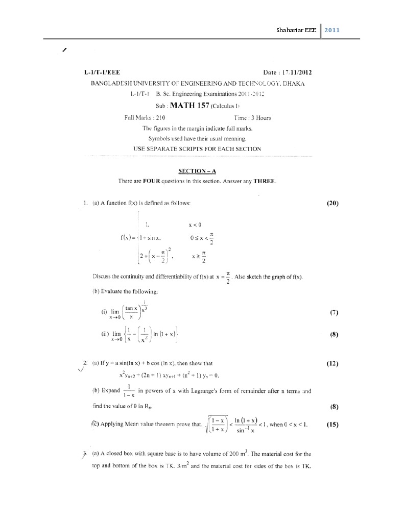 BUET MATH 157 Questions of Batch-11 | PDF