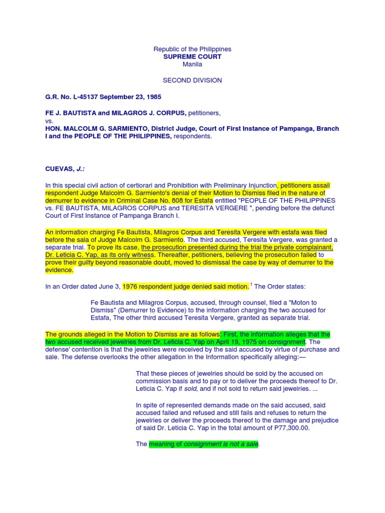 Philippines Supreme Court upholds denial of motion to dismiss estafa ...