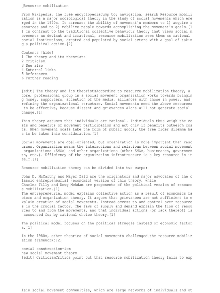 Resource Mobilization | PDF | Social Movements | Sociological Theories