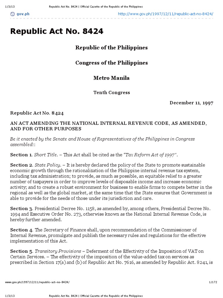 Republic Act No. 8424 | PDF | Capital Gains Tax | Internal Revenue Service
