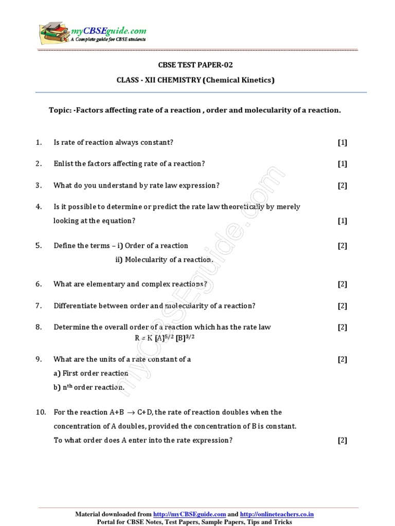 12 Chemistry Chemical Kinetics Test 02 | PDF | Science & Mathematics