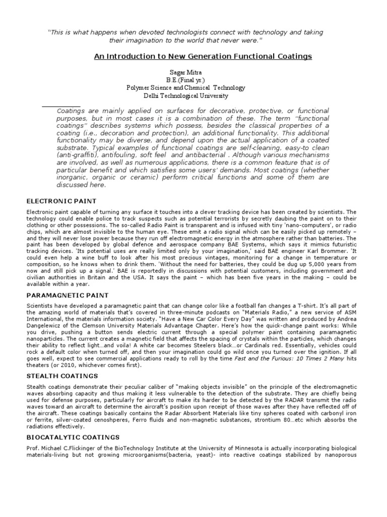 An Introduction To New Generation Functional Coatings | PDF | Paint ...