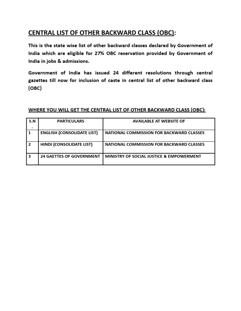 Central List of Other Backward Class (Obc) | PDF