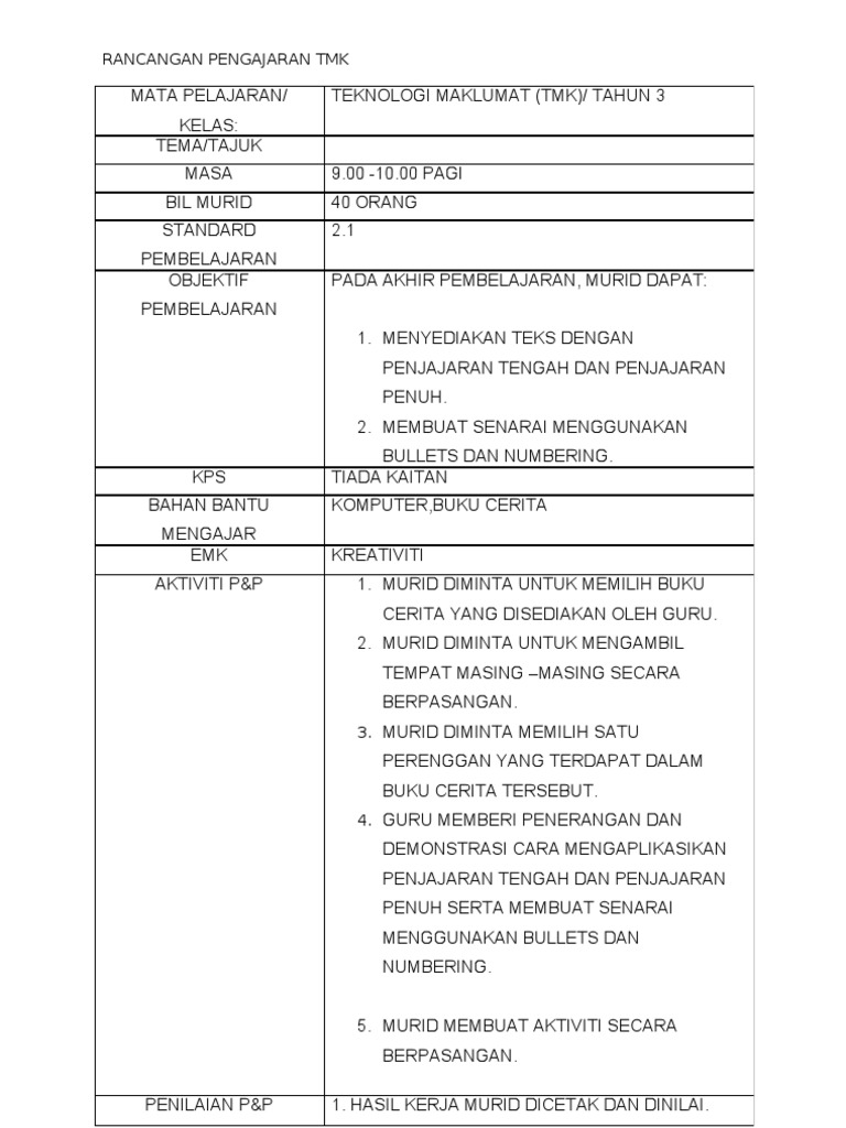 RPH Mata Pelajaran TMK (k2) | PDF | Seni | Teknologi & Rekayasa